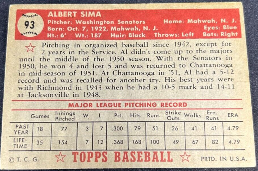 1952 Topps Baseball Card Al Sima #93 RC EX RANGE BV $60 SL | eBay