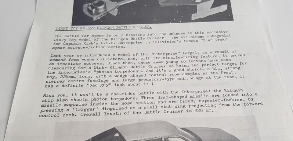 Dinky Toys, Klingon Battle Cruiser Original Order Form, Superb Un-used ...