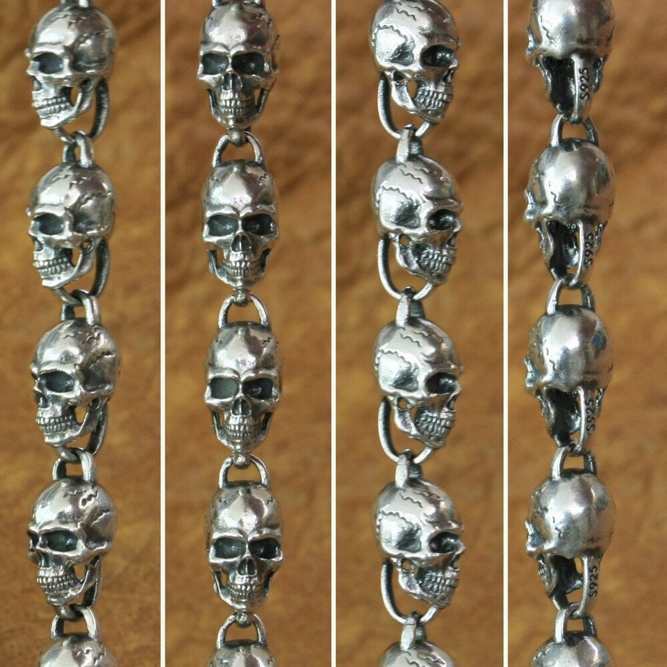 925 Sterling Silver Details Skulls Chain Mens Biker Rock Punk Bracelet ...