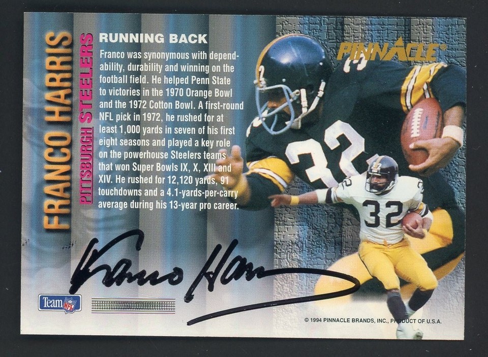 Franco Harris HOF Signed 1994 Pinnacle Pittsburgh Steelers ON CARD AUTO ...