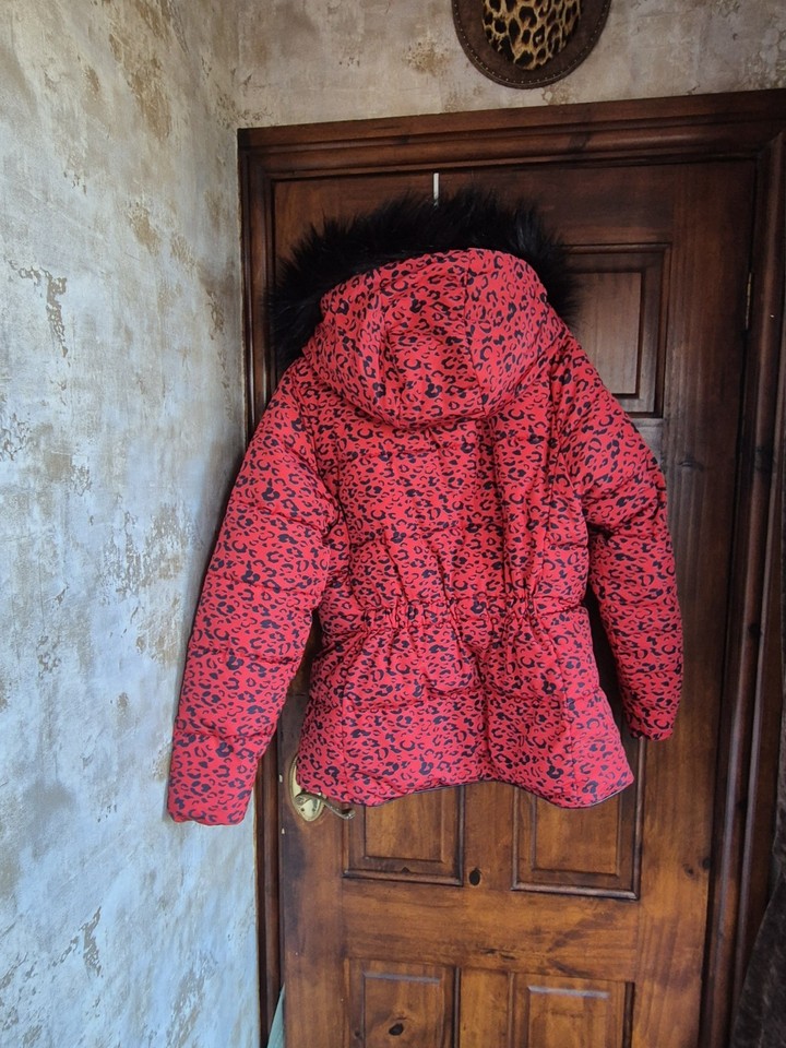 RED**LEOPARD PRINT**JACKET WITH FAUX FUR TRIM HOOD""SIZE 10 - 12 ...