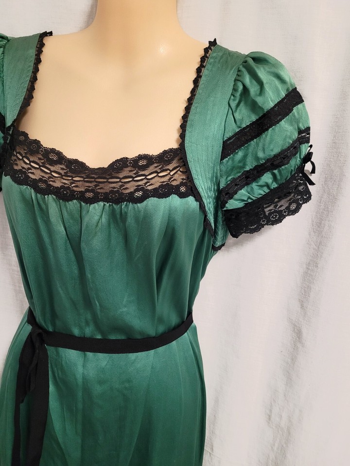 Little Joe by Gail Elliott Bottle Green Silk Dress Black Lace Trims ...