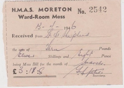 WW2 Australia Navy ship H.M.A.S Moreton ward room mess Lieutenant E J ...