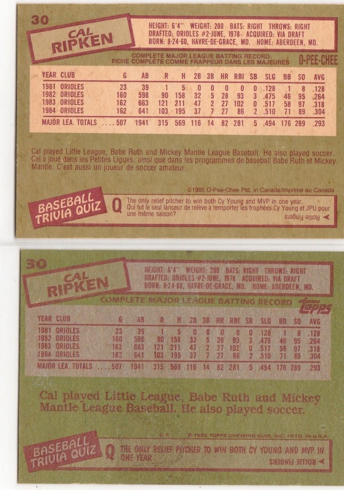 Cal Ripken 1985 Topps #30 & O-Pee-Chee #30 055-F | eBay