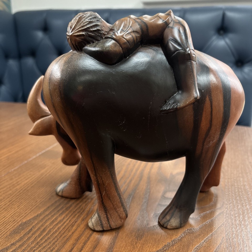 Vintage mid century Chinese Carved Wood Water Buffalo Sleeping Child ...