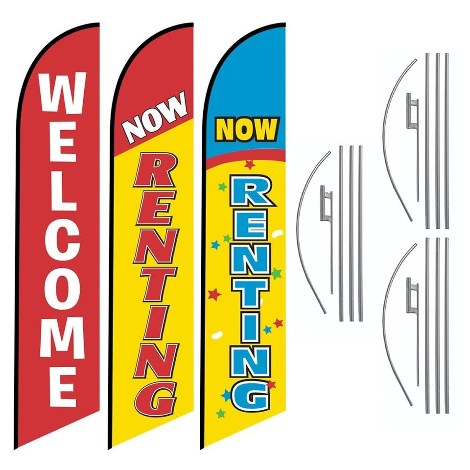 (Pack of 3) Tall Swooper Feather Flags (Now Renting, Welcome, Now ...