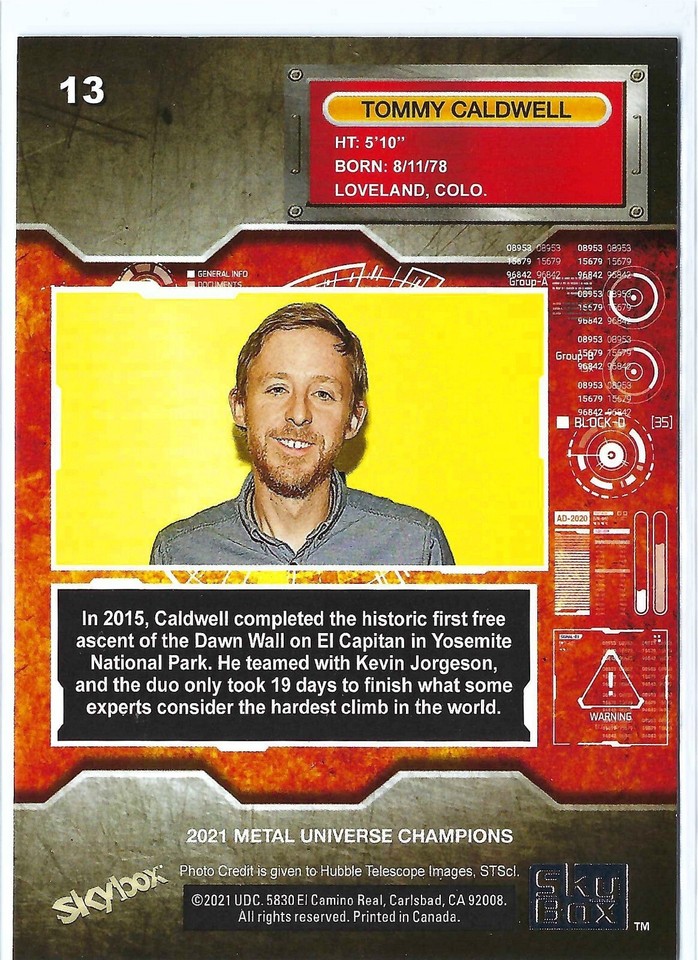 2021 Skybox Metal Universe Champions Base Card No. 13 Tommy Caldwell ...
