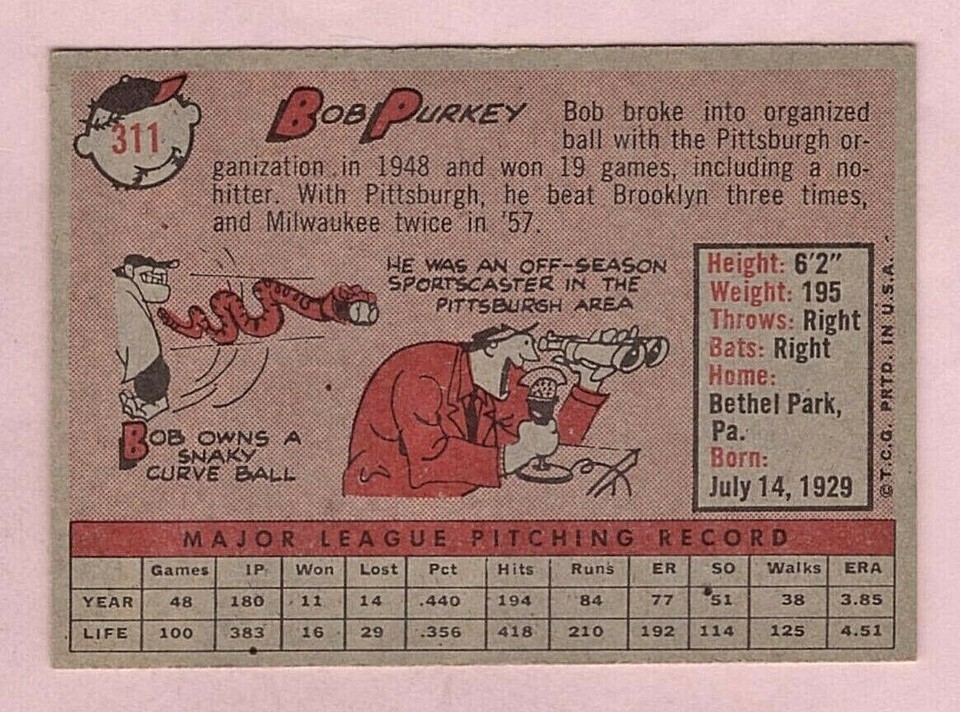 Bob Purkey Cincinnati Reds 1958 Topps Card #311 | eBay