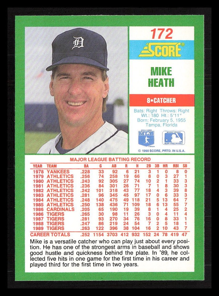 Mike Heath 1990 Score #172 Detroit Tigers | eBay
