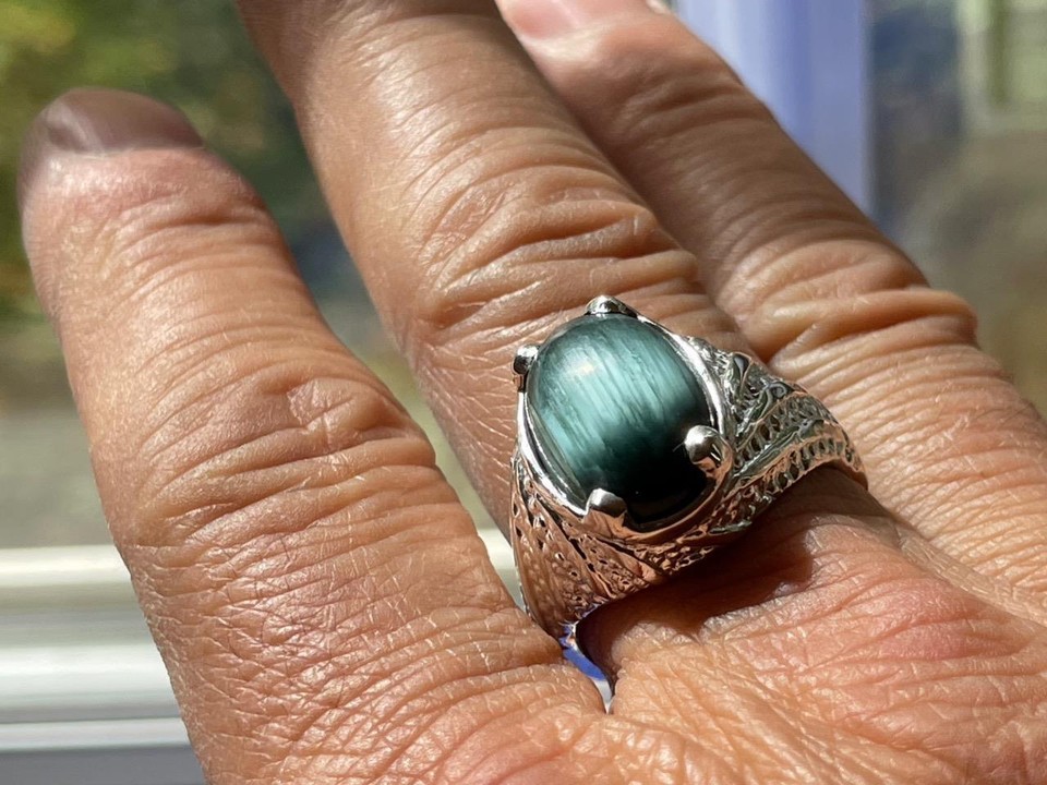 7.3 CT GREEN HAWK EYE QUARTZ .925 STERLING SILVER MENS RETRO RING SIZE ...