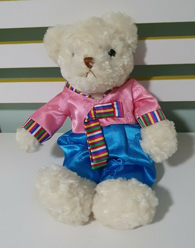 GOOD TIMES TEDDY BEAR FLORAL SATINE CLOTHES BLUE AND PINK 32CM | eBay ...