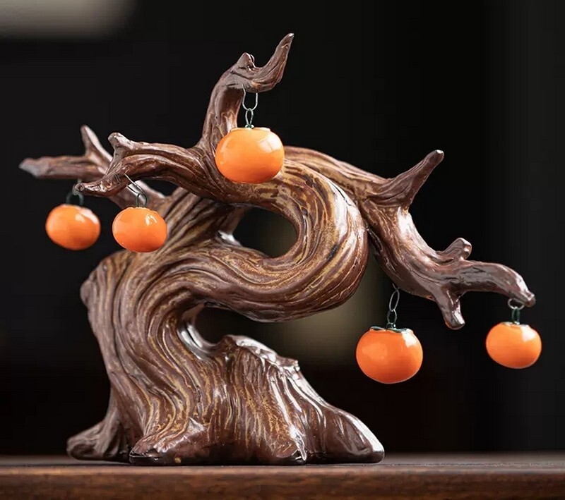 Chinese Porcelain Persimmon Tree Bonsai Statue Plant Feng Shui Table ...