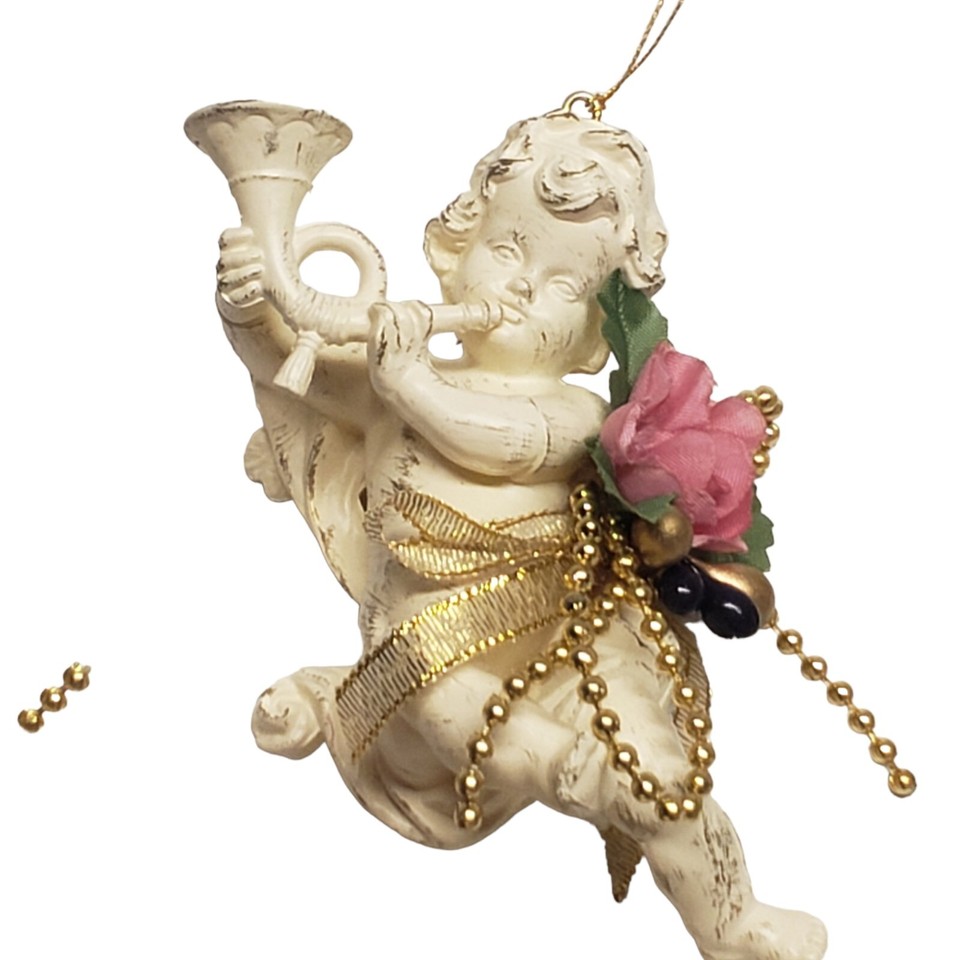 7 Cupid Baby Angels Christmas Victorian Ornaments Ivory Gold Harp Horn ...