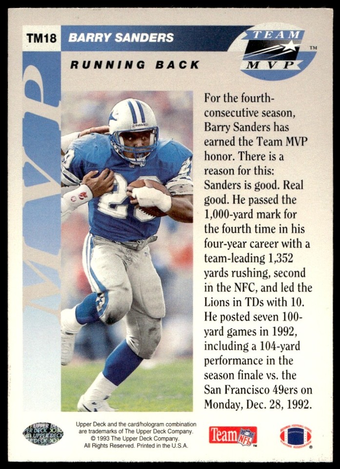 1993 Upper Deck #TM18 Barry Sanders Team MVP Excellent | eBay