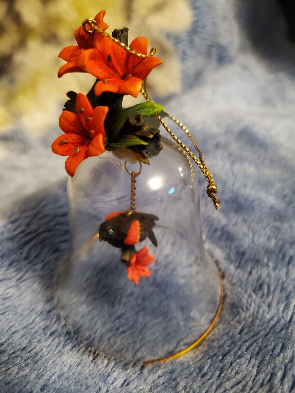 VINTAGE DANBURY MINT GLASS SONGBIRD BELL ORNAMENT, RED-WINGED BLACKBIRD ...