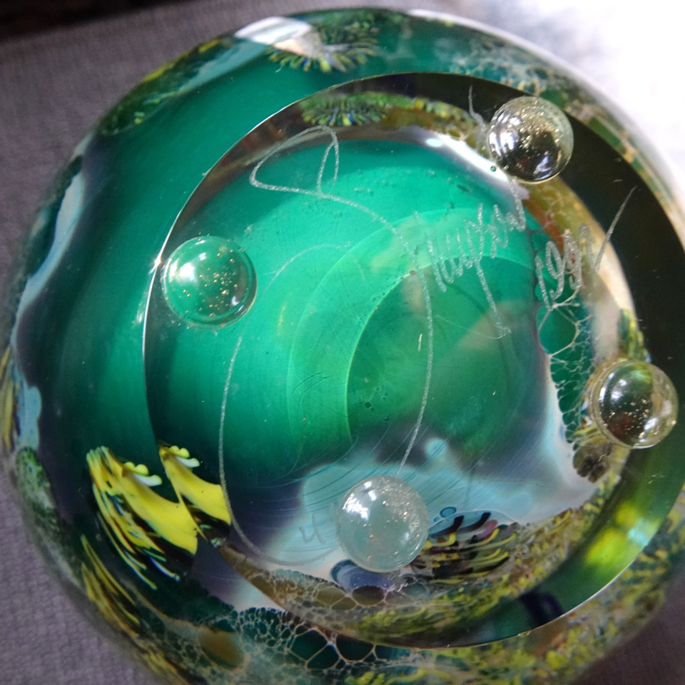 Signed Josh Simpson Studio Art Glass Inhabited Ocean Paperweight Vase ...