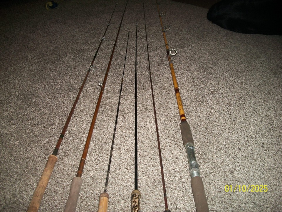 Lot Of 6 Old Fishing Rods 3 unknown 1 weber 1 eagle claw 1 Shakespeare ...