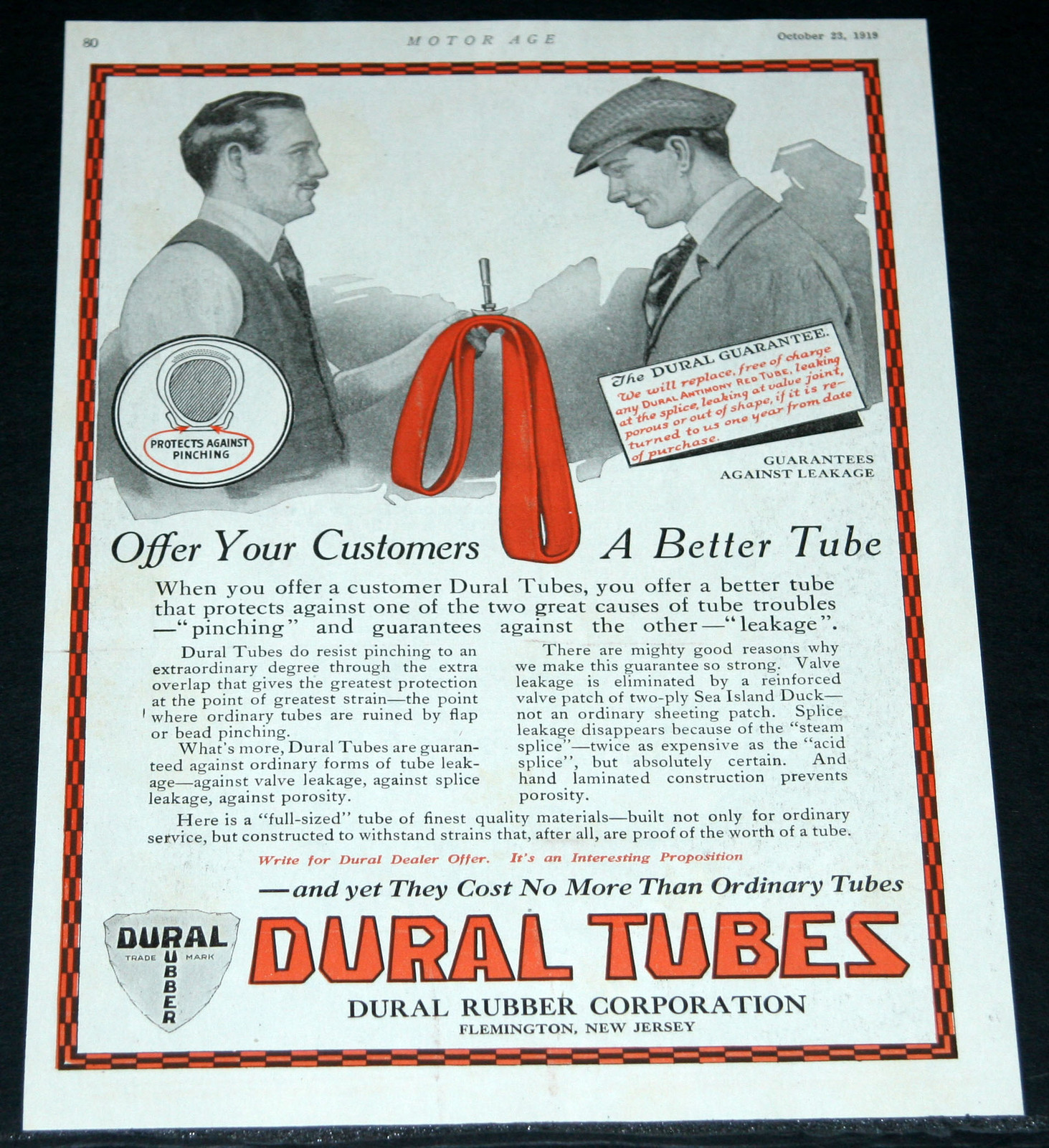 1919 OLD MAGAZINE PRINT AD, DURAL RUBBER AUTOMOBILE TIRE TUBES, NO ...