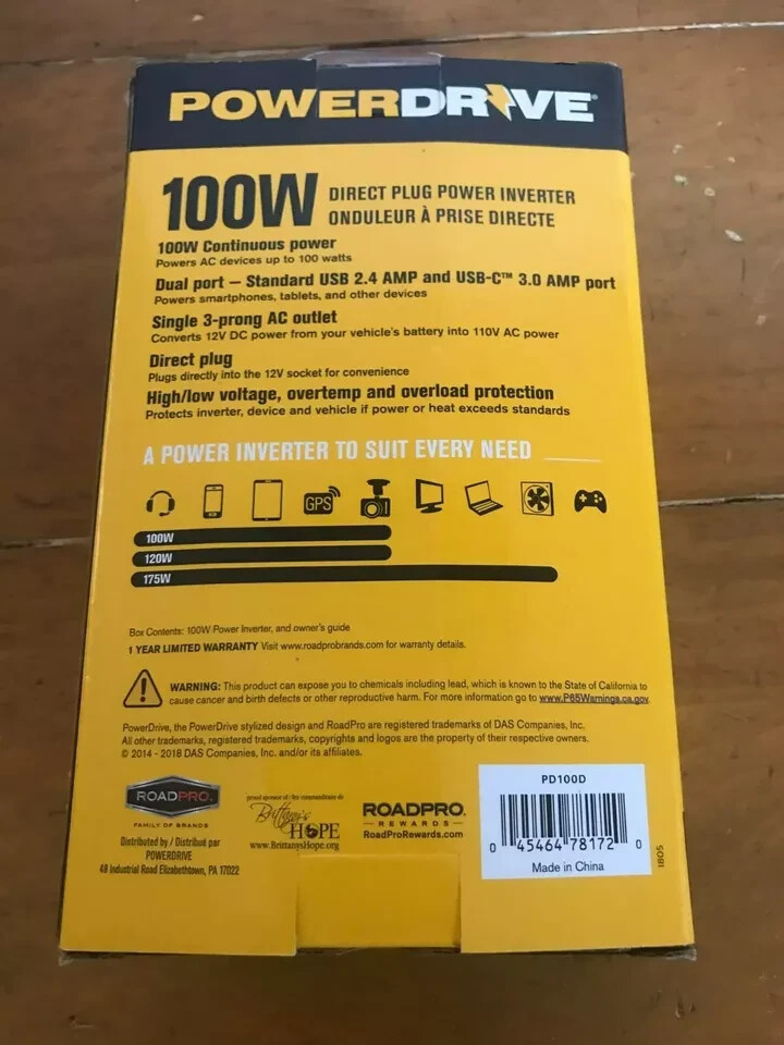 Power Drive PD100D Road Pro 100 Watt Slim Plug-In Inverter NEW - No Box ...