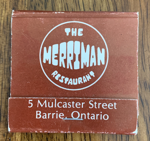 The Merriman Restaurant Mulcaster Street Barrie Ontario Matchbook #0886 ...