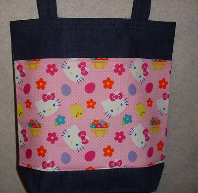 NEW Medium Denim Tote Bag Handmade/w Hello Kitty Pink Spring Fabric | eBay