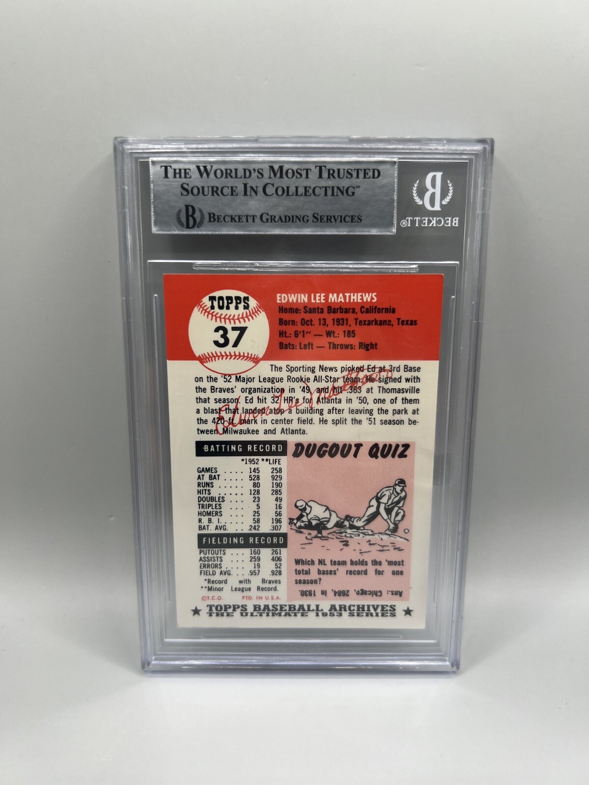 Eddie Mathews Signed 1991 Topps Archives ‘53 #37 Beckett Auto | eBay