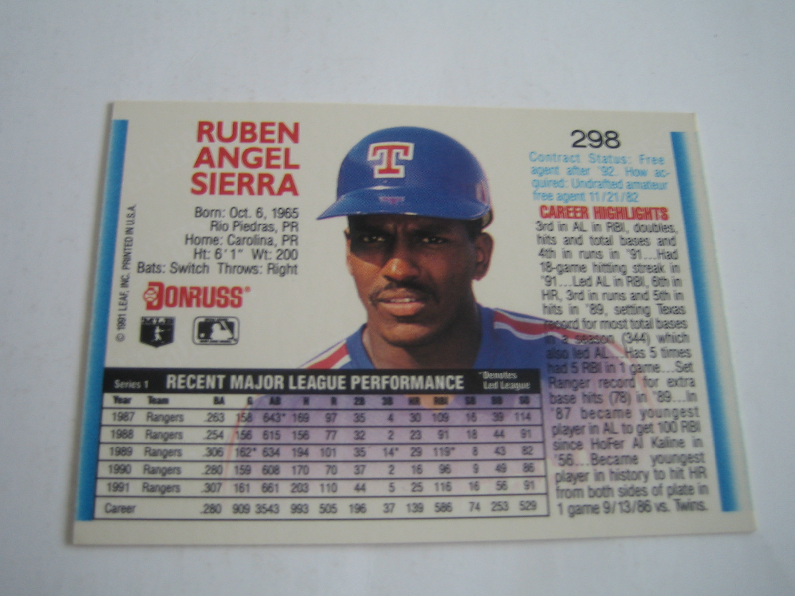 1992 Donruss Baseball Ruben Sierra Card 298 Texas Rangers | eBay