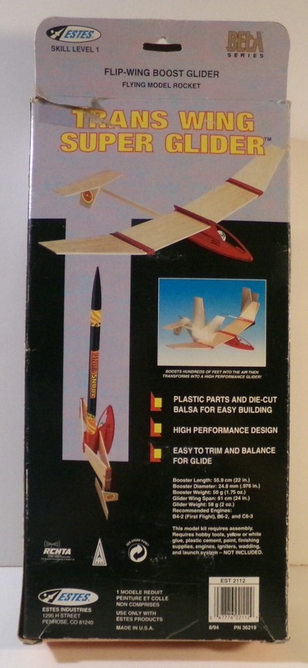 Estes TRANS WING SUPE GLIDER model rocket kit. See photos for details ...
