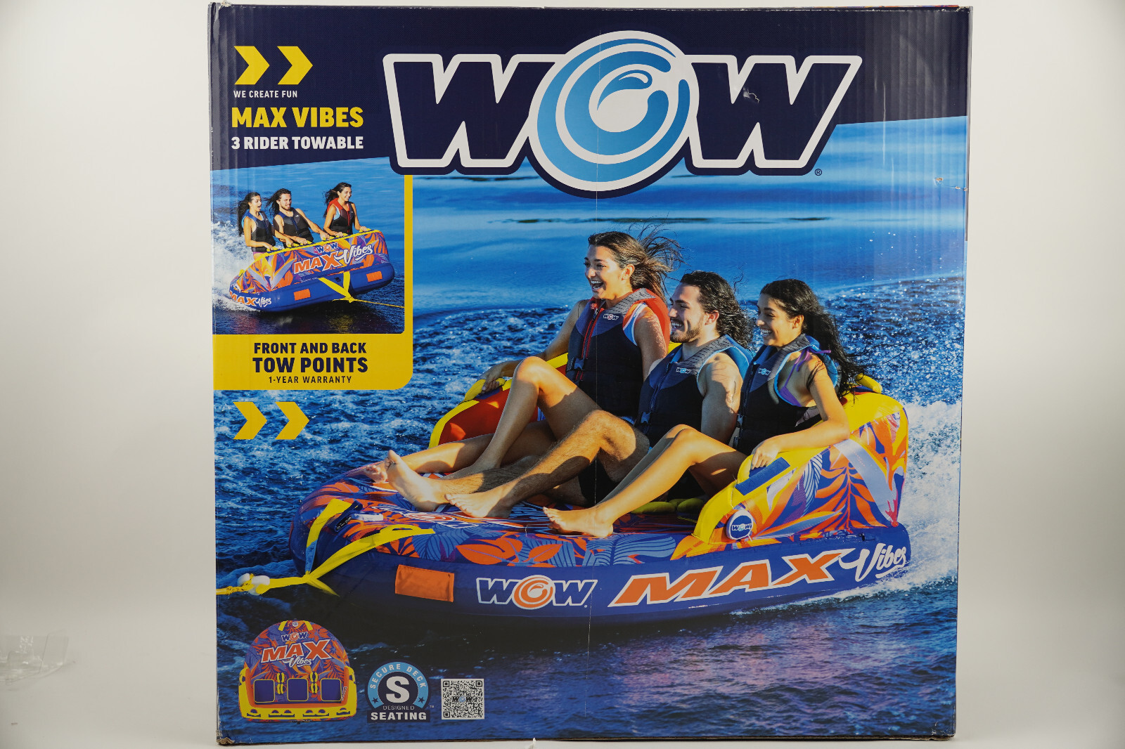 WOW Sports Max Vibes 1-3 Rider Inflatable Towable Tube Boat Raft Float ...