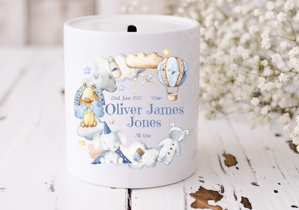 Personalised Children's Baby's First Money Box Birth Record Savings ...