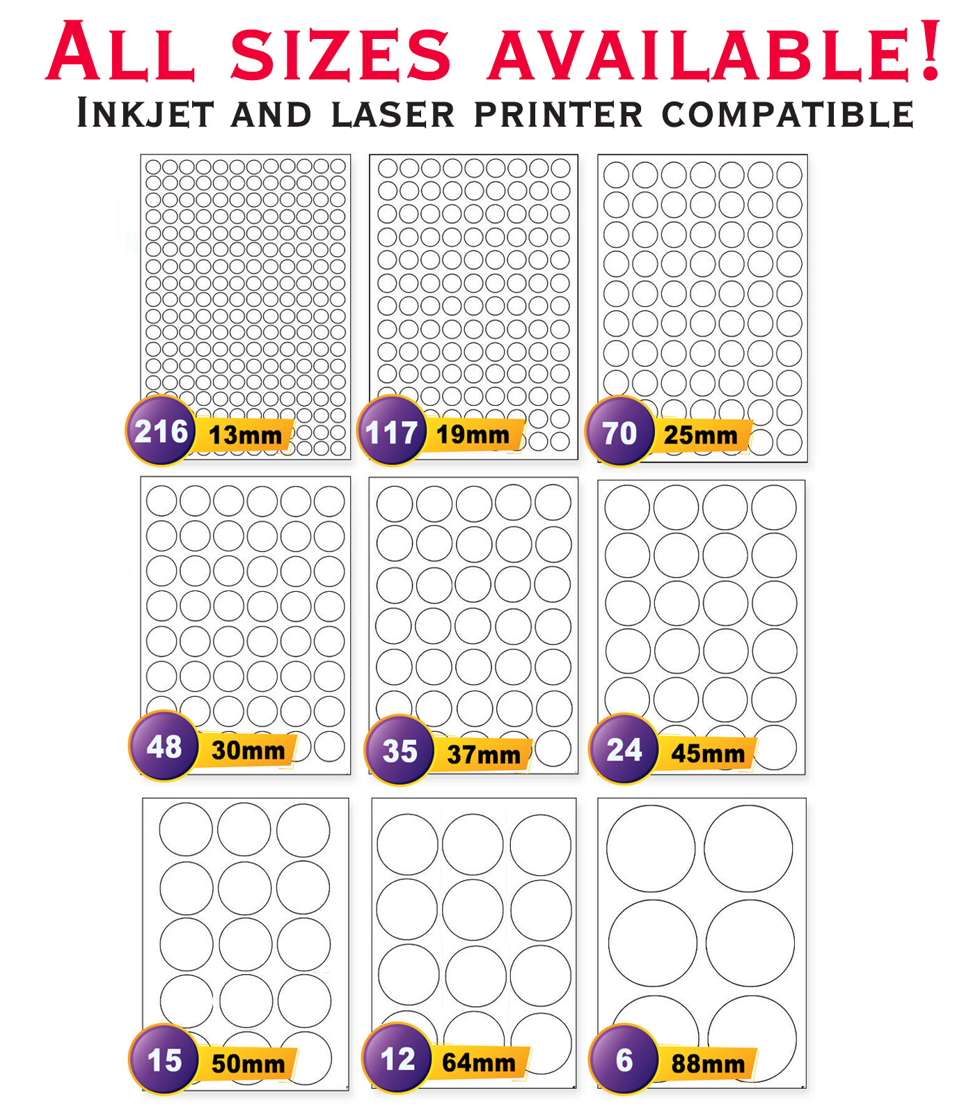Round A4 Self Adhesive circular Laser or Inkjet printer labels Circle ...