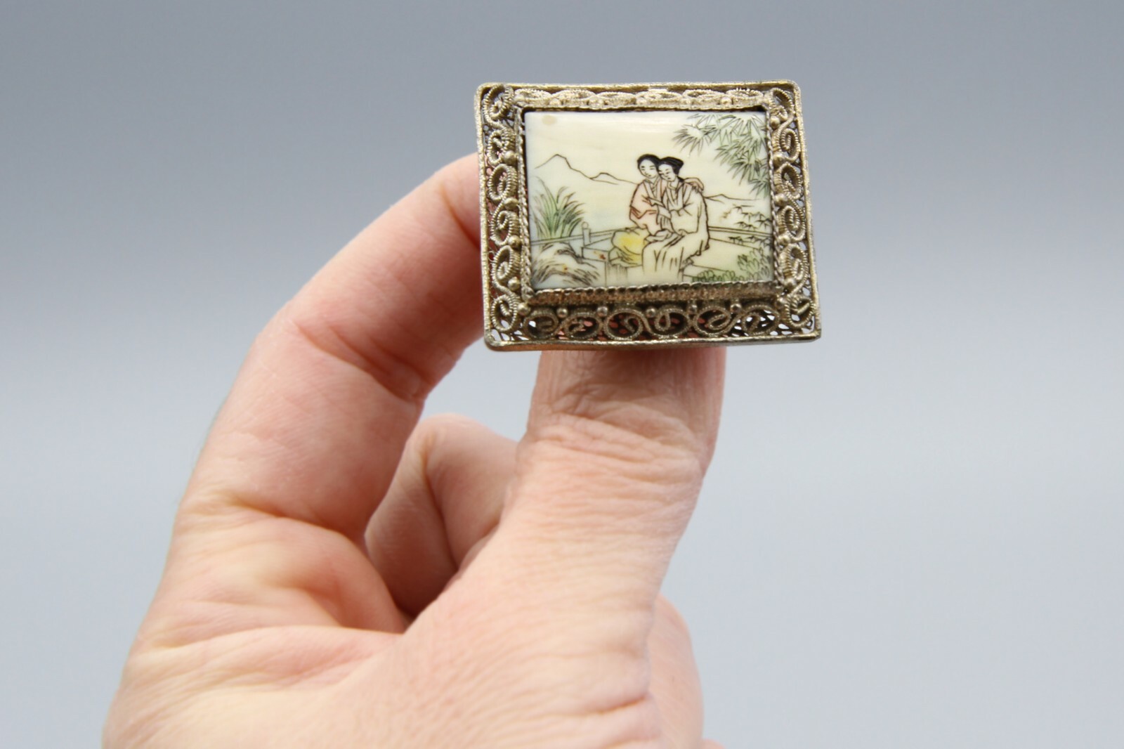 Hand Painted Sterling Silver Filigree Brooch, Antique Chinese Export ...