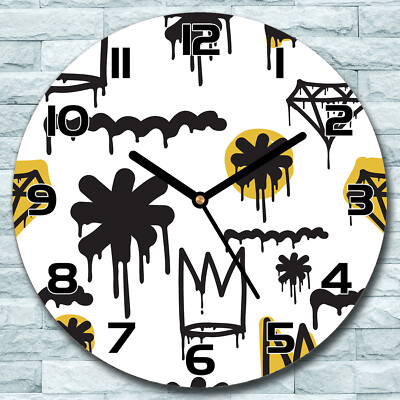 Glass Wall Clock Graffiti crown black and yellow art Round Home Silent ...
