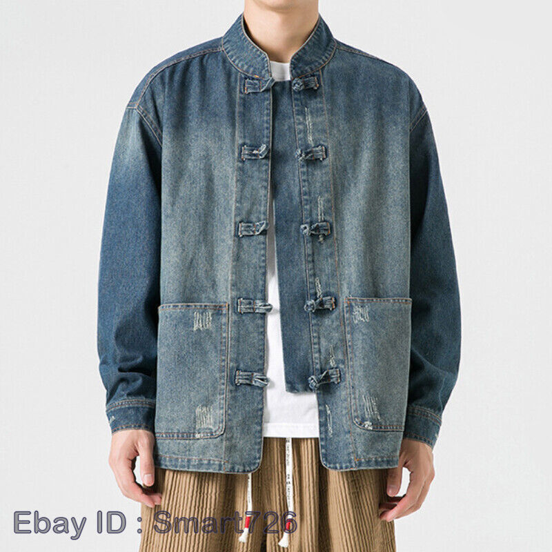 Men Casual Denim Jacket Mandarin Collar Frog Button Chinese Blouse ...