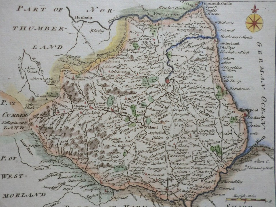 Antique Hand Coloured Map of DURHAM (1743) John Roque, Northern England ...
