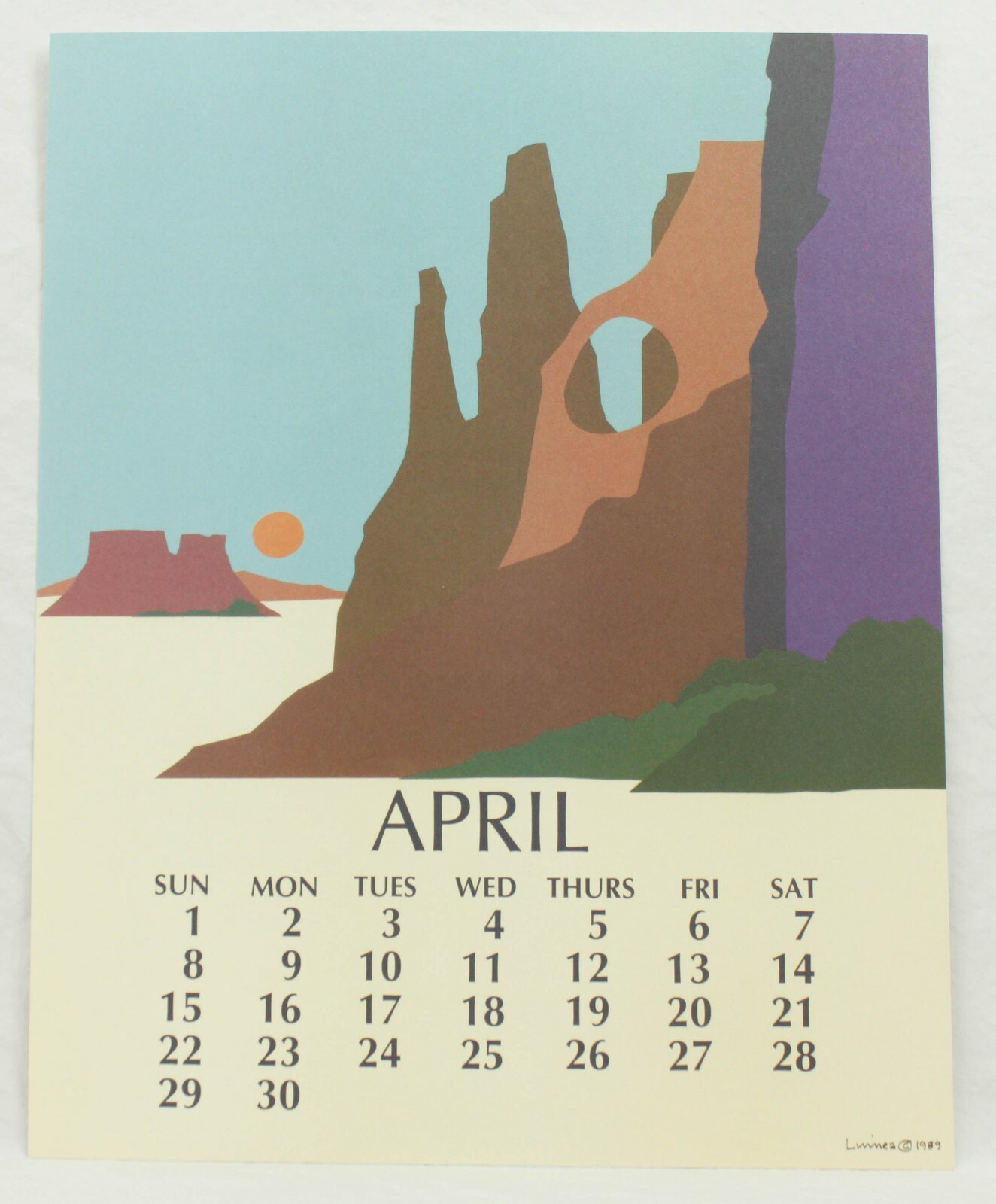 APRIL 1989 Landscape Vintage Birthday Lithograph Folk Art Calendar ...