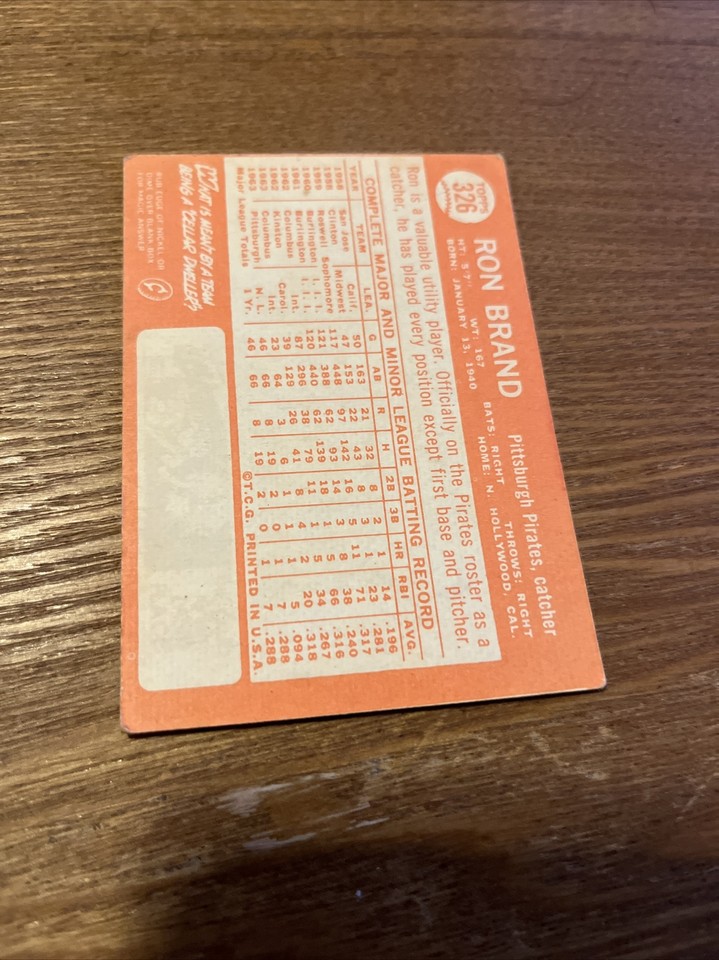 1964 Topps Ron Brand #326 Pittsburgh Pirates Vintage Baseball Card ...