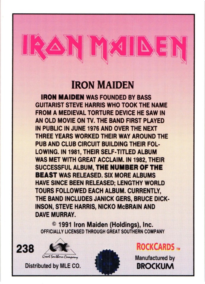 Rock Cards Series 1 #238 Iron Maiden Single Card 1991 Brockum | eBay