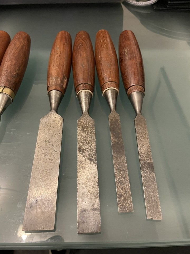 7 rare vintage gold chip marples bevel edge & firmer chisels rosewood ...