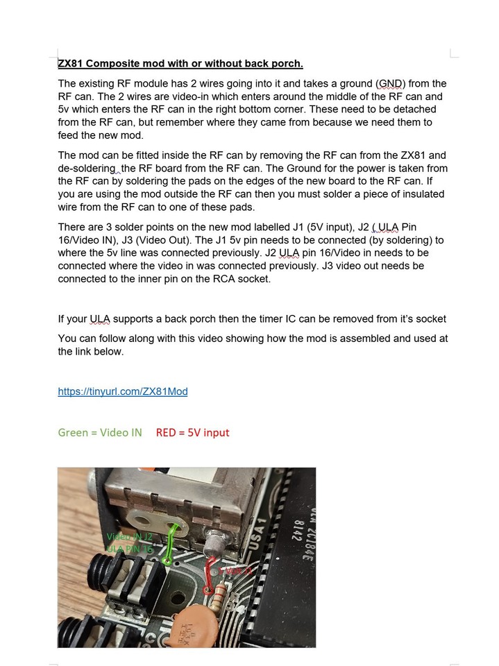 ZX81 Composite video mod with or without back porch. FREE POSTAGE ...