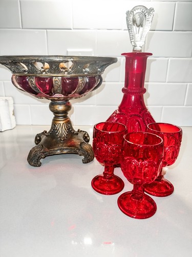 Wright Ruby Red Moon and Stars DECANTER and 3 WINE CORDIAL GLASSES W/t ...
