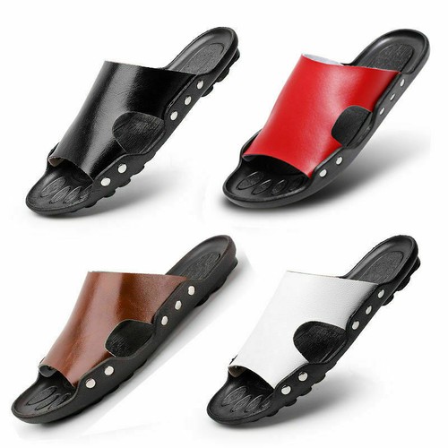 Men PU Leather Flats Casual Sandals Beach Shoes Summer Anti-Slip ...