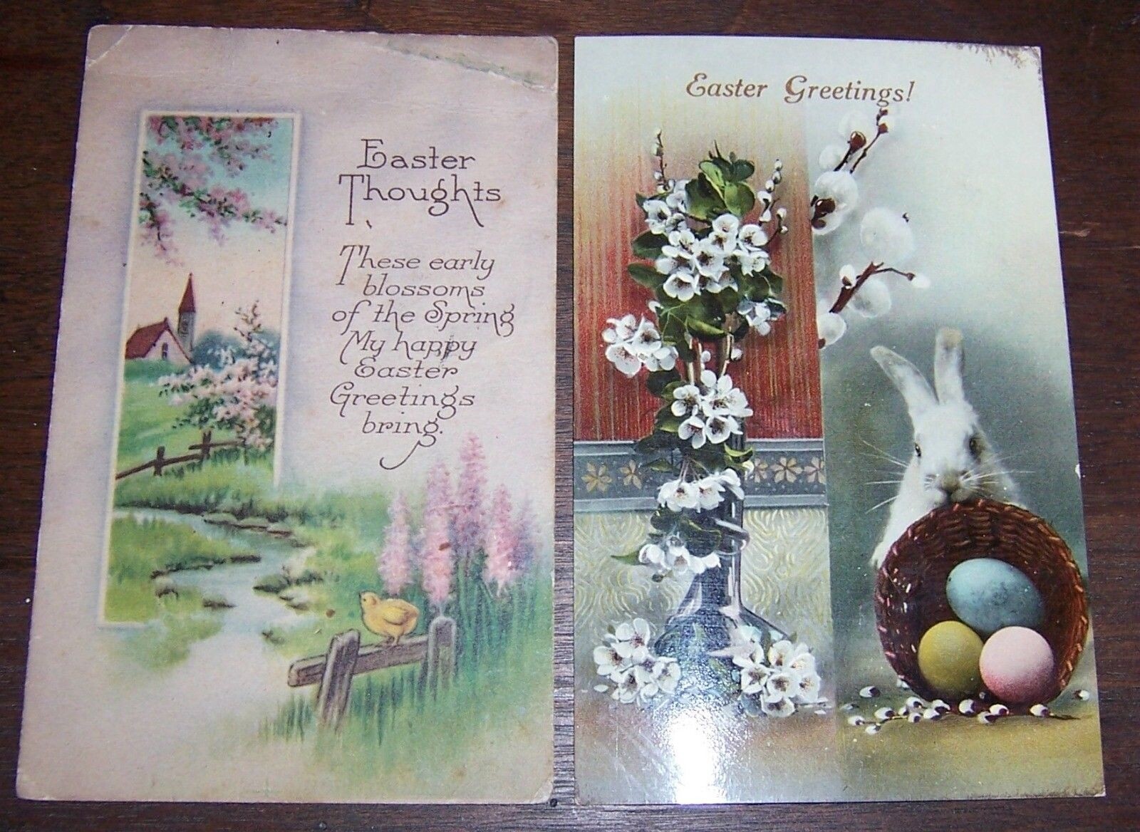 2 Vintage Easter Postcards - 1 RPPC with Rabbit Basket Eggs + 1 ...