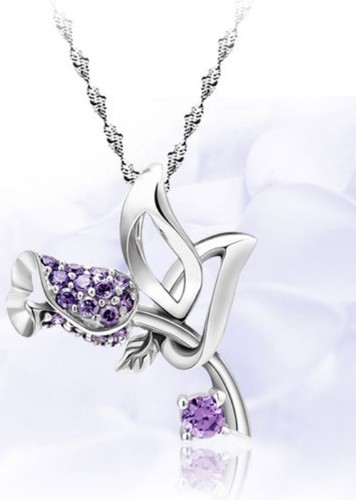 Sterling Silver Purple Rose Amethyst Flower Pendant Chain Necklace Love ...