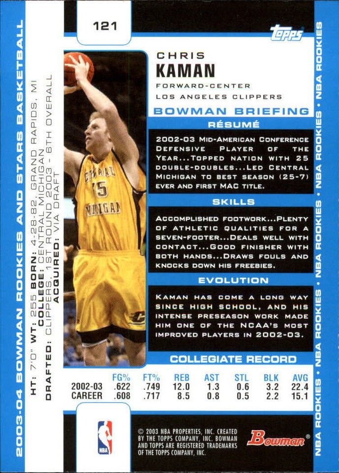 2003-04 Bowman Los Angeles Clippers Basketball Card #121 Chris Kaman ...