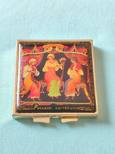 Vintage Russian Lacquer Square Compact Mirror 3 Lady's Scene Black Red ...