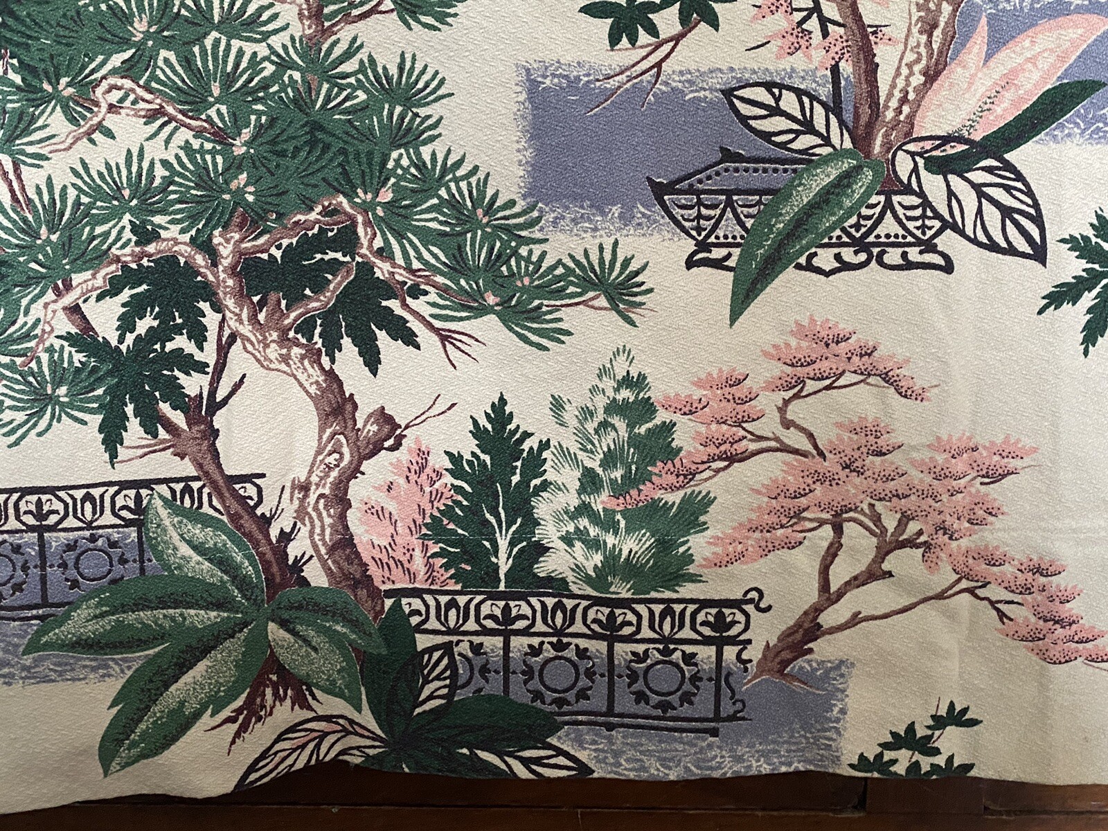 VTG MCM ASIAN CHINOISERIE SCENIC GARDEN LANDSCAPE TREE BARKCLOTH FABRIC ...