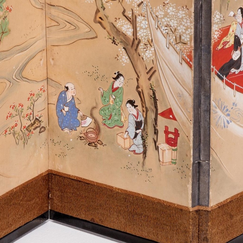 Japanese Kano School 6 Panel Gouache Painting Cherry Blossom Tabletop ...