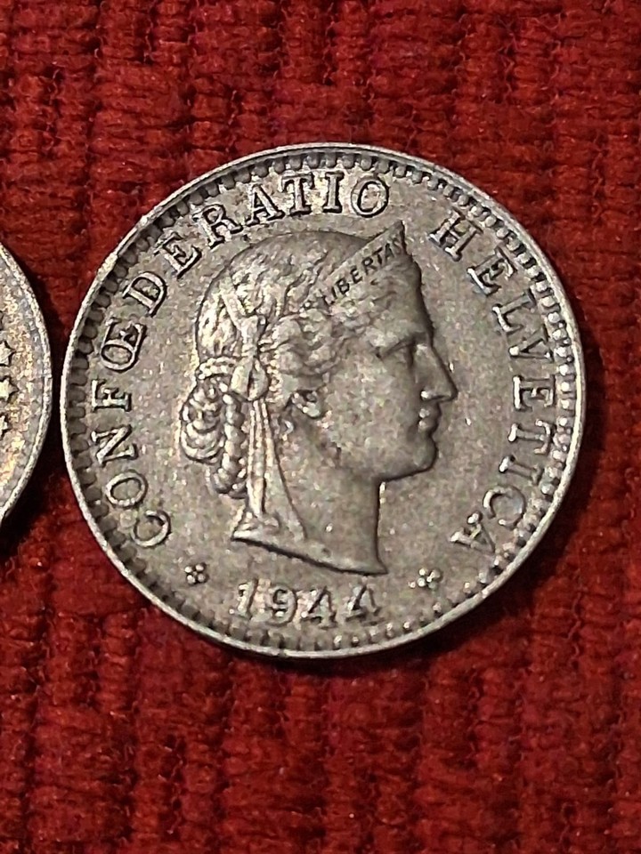 3 Swiss Coins: AU 1950 Silver 1/2 Franc, VF 1927 10 Rappen AU 1944 20 ...