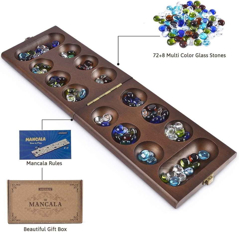 AMEROUS Wooden Mancala Board Game Set with 72+8 Bonus Multi Color Glass ...